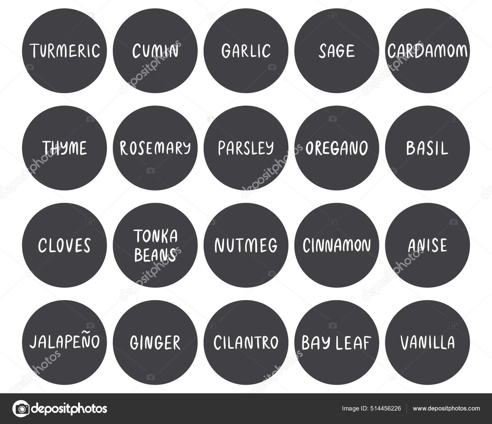 Spices and herbs tags. Flat hand written labels for spice jars at the ...