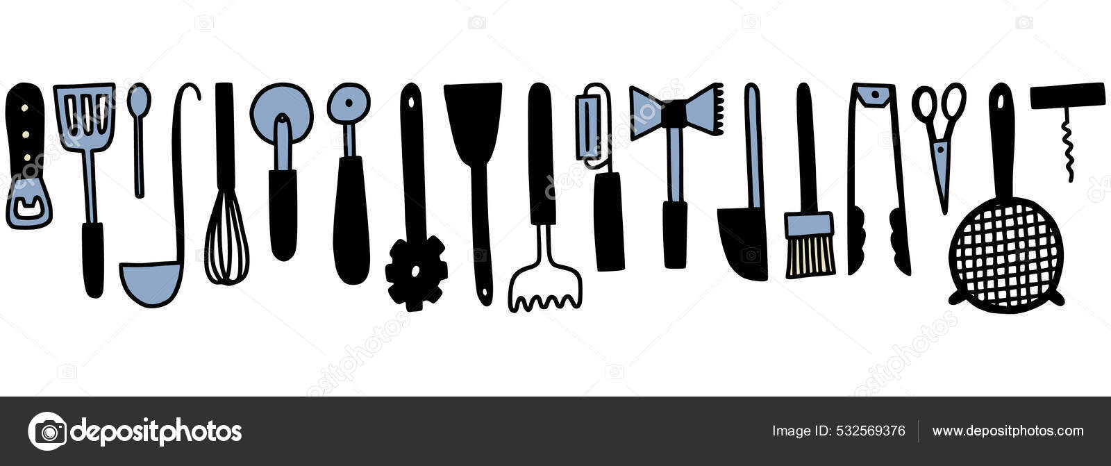Kitchen hanging utensils and cutlery border. Doodle outline cooking and ...