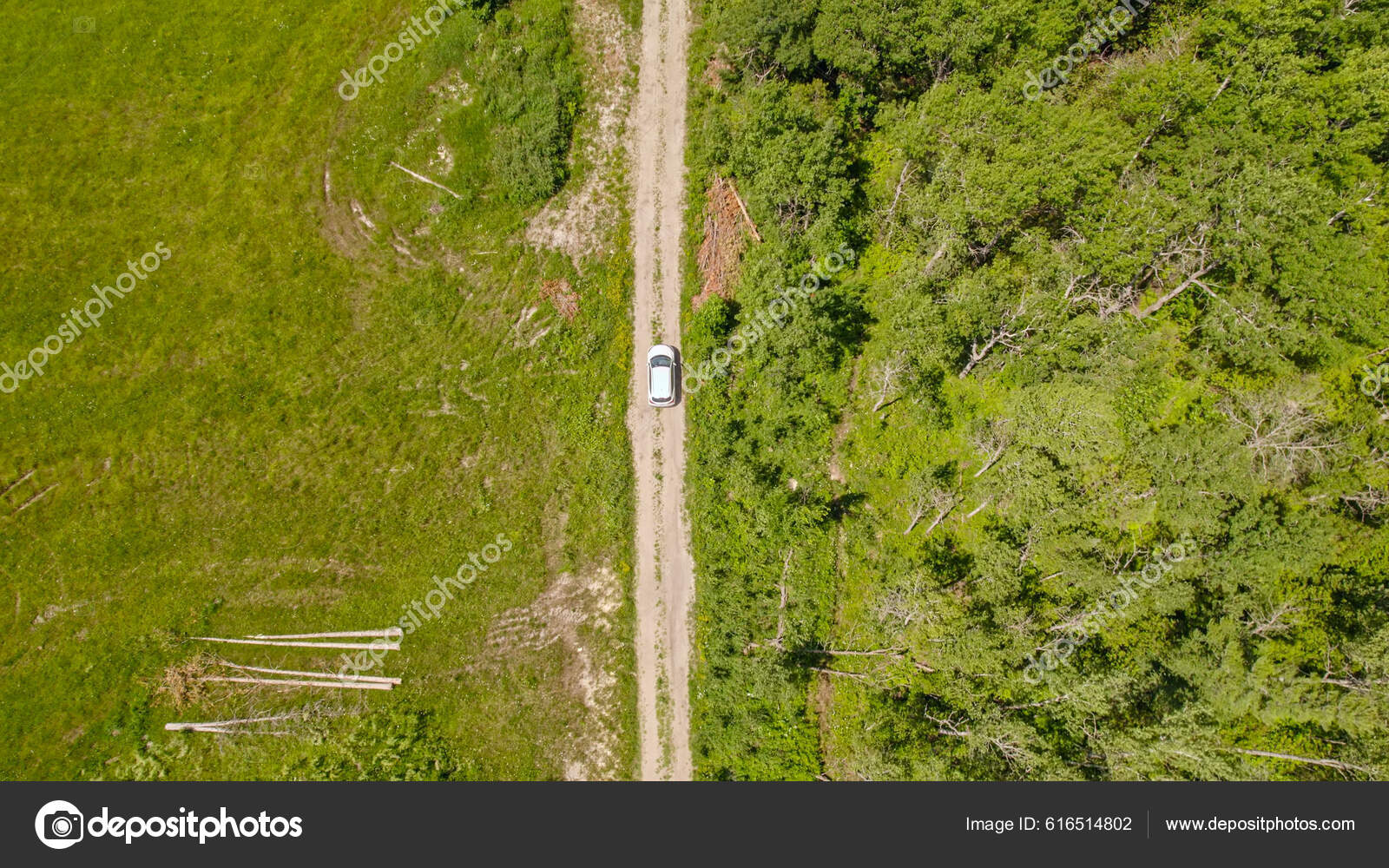 Aerial Overhead Car Driving Road Green Forest Rural Countryside Trees ...