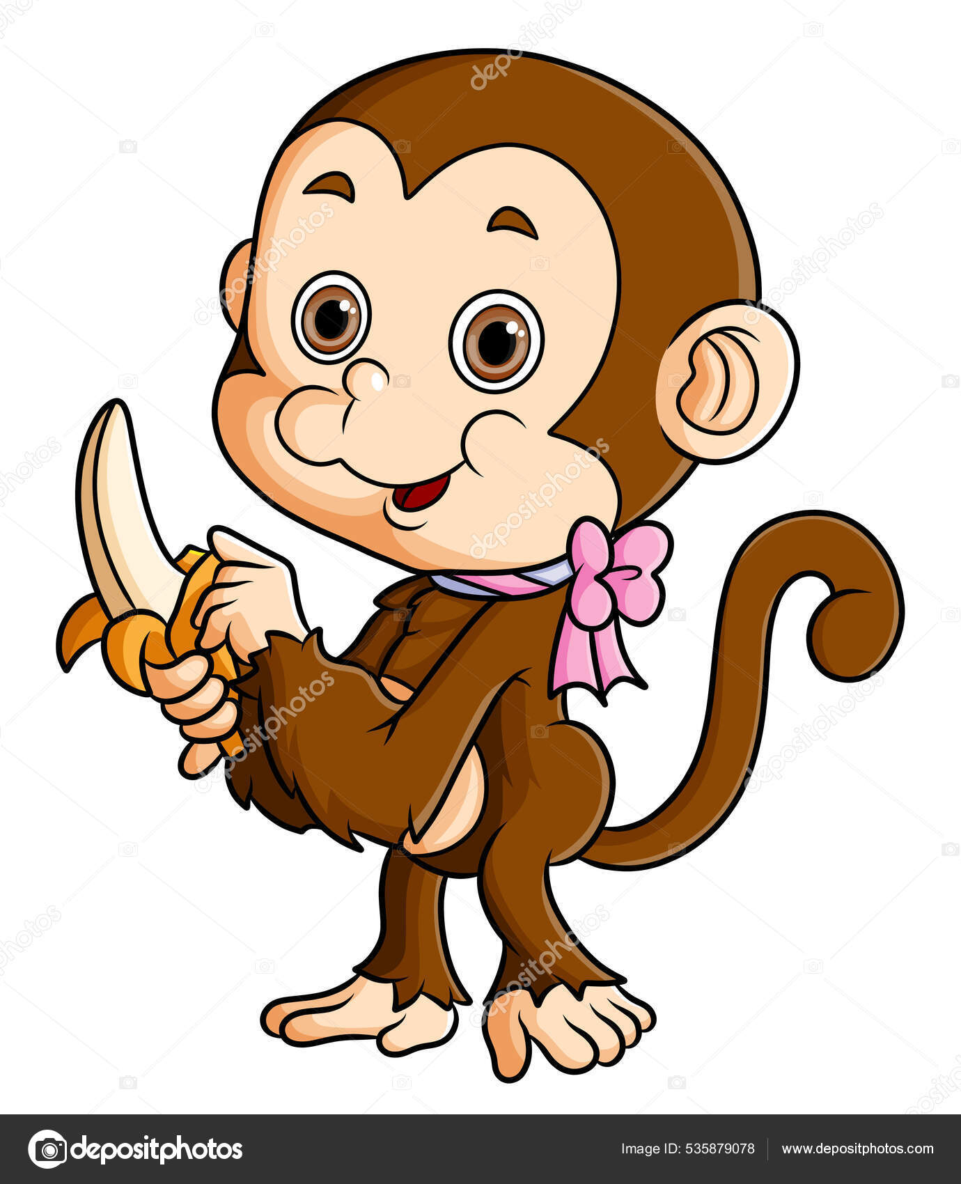 Little Monkey Peeling Banana Its Hand Illustration Stock Vector Image ...