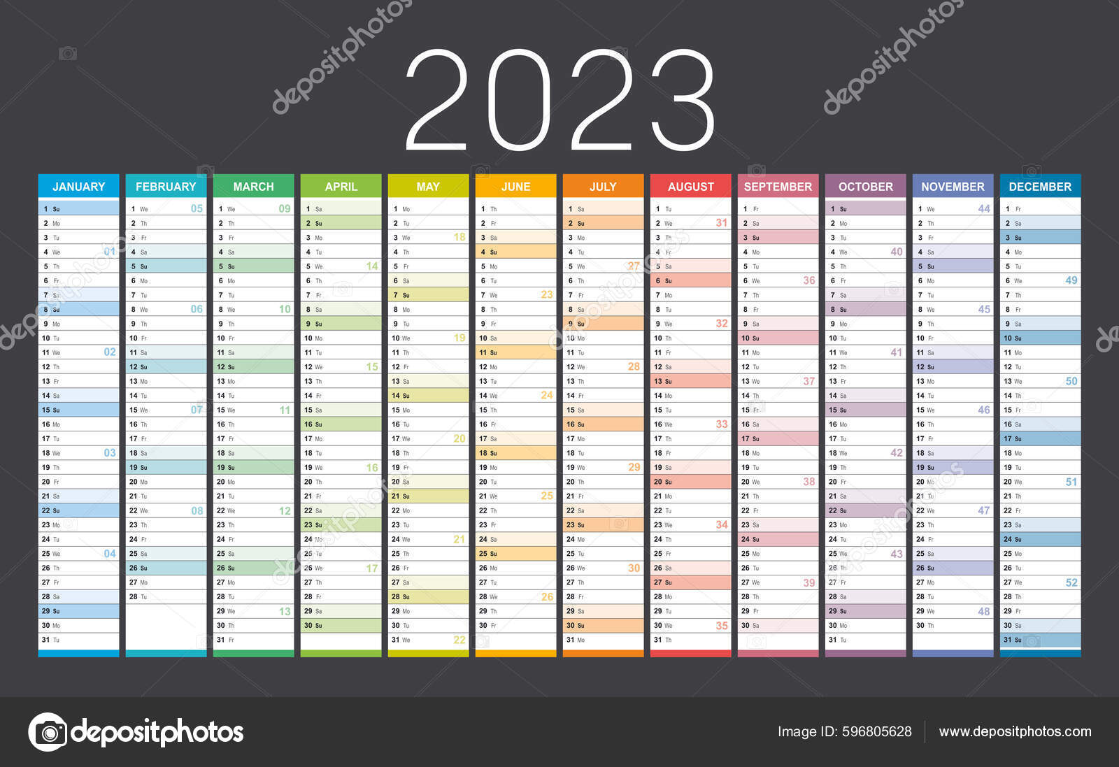 Year 2023 Colorful Wall Calendar Weeks Numbers Dark Background Vector ...