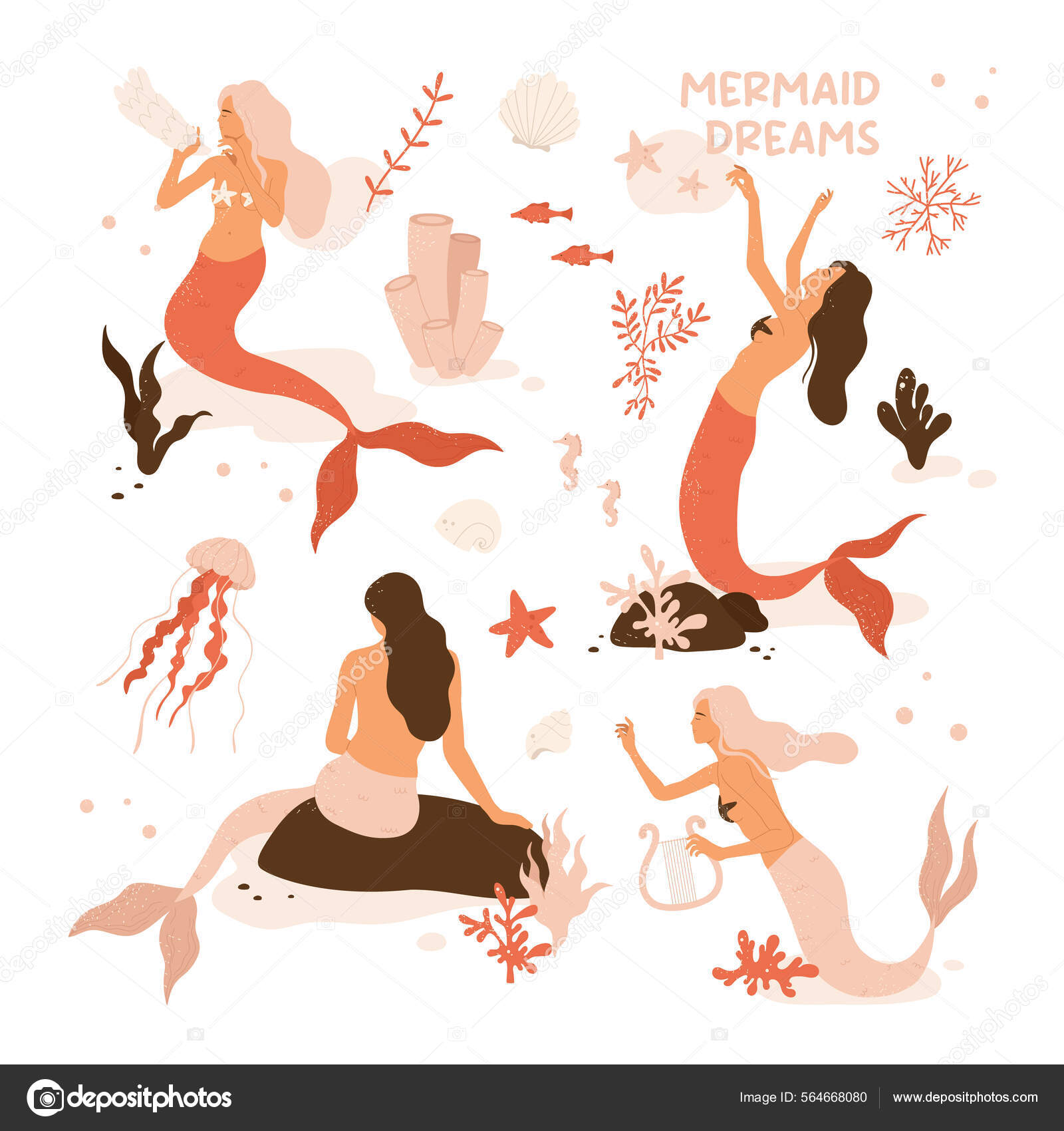 Beautiful Young Mermaid Ocean Flora Fauna Algae Corals Fish Jellyfish ...