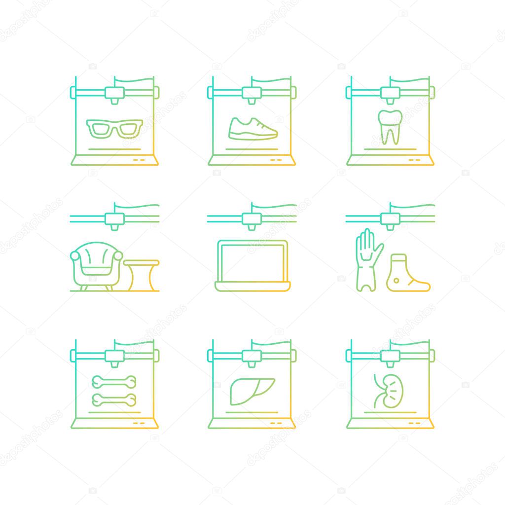 Conjunto de iconos vectoriales lineales de gradiente de fabricación aditiva. Producción de ...