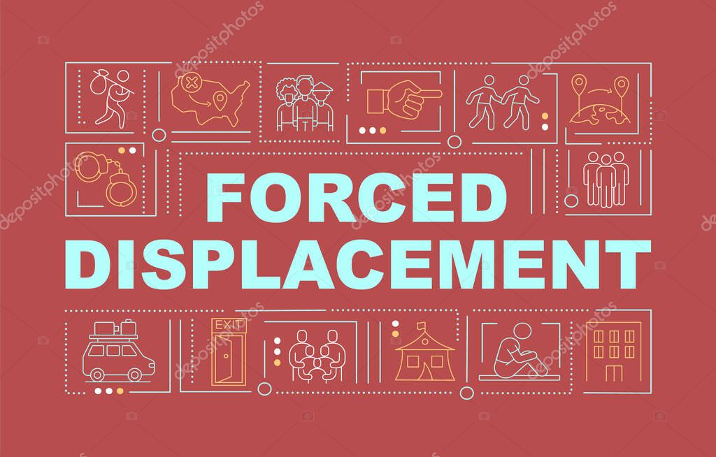 Desplazamiento forzado conceptos de palabras rojas banner. Violación de ...