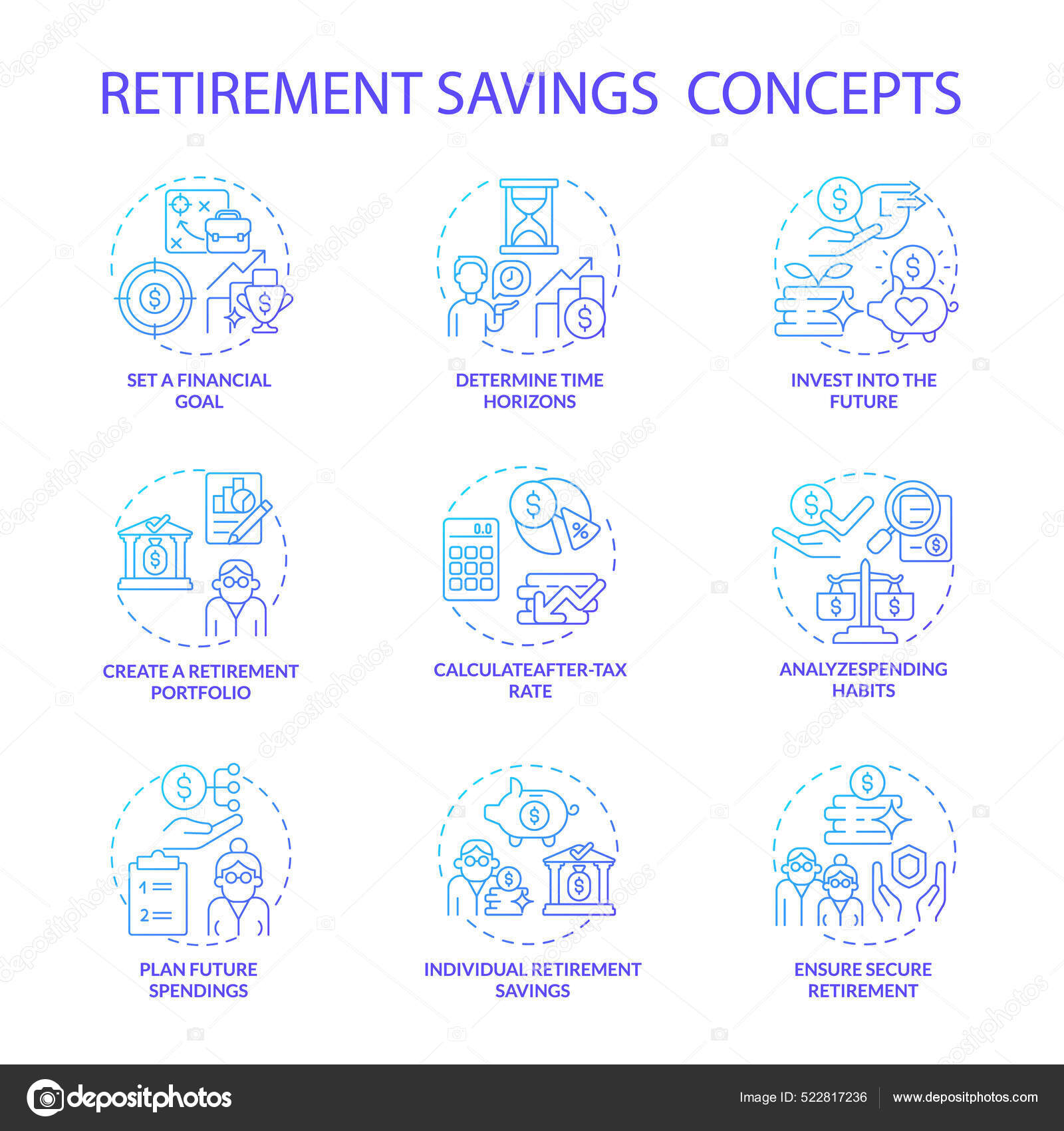 Retiral Savings Concept Icons Set Pension Fund Creation Idea Thin Stock ...