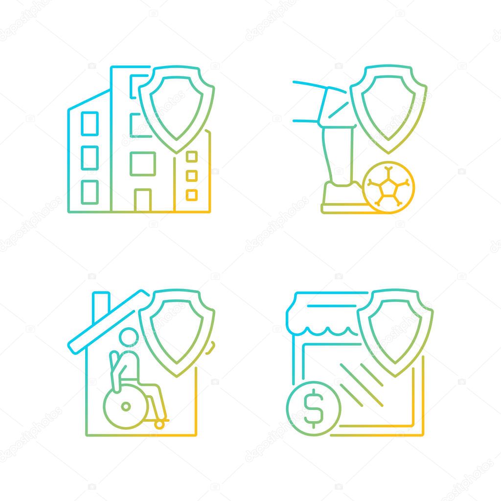 Seguros tipos gradiente vector lineal iconos conjunto. Compensación ...