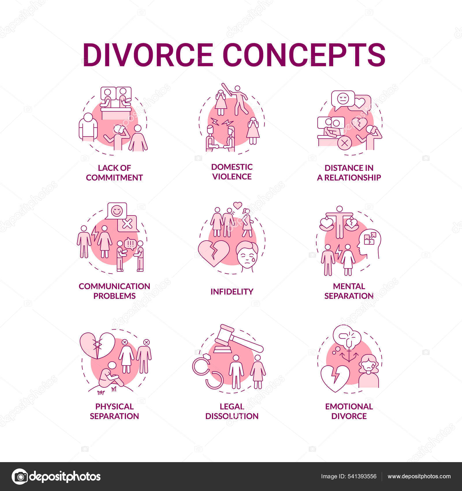 Divorce Pink Concept Icons Set Reasons Relationship Breakup Partners ...