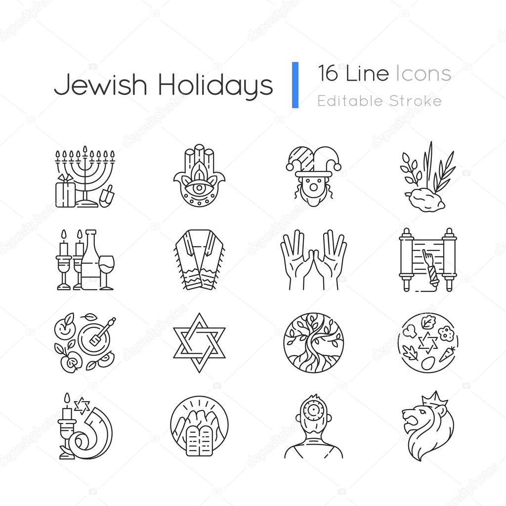 Fiestas judías conjunto de iconos lineales. Santo simbolismo. Purim ...