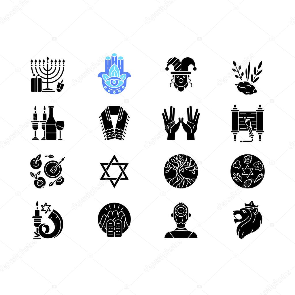 Iconos de glifo negro de las fiestas judías establecidos en el espacio ...