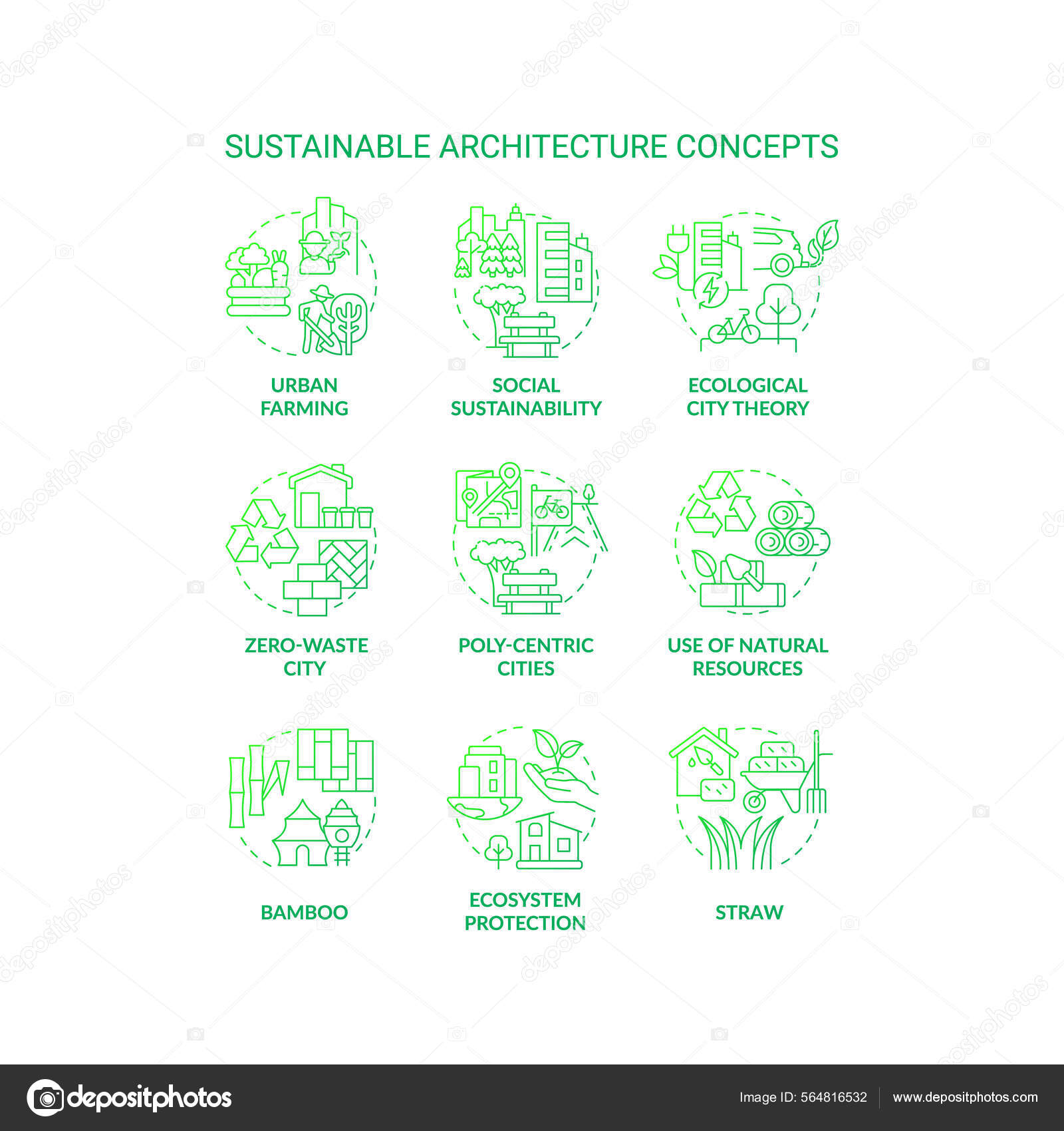 Sustainable architecture green gradient concept icons set Stock Vector ...