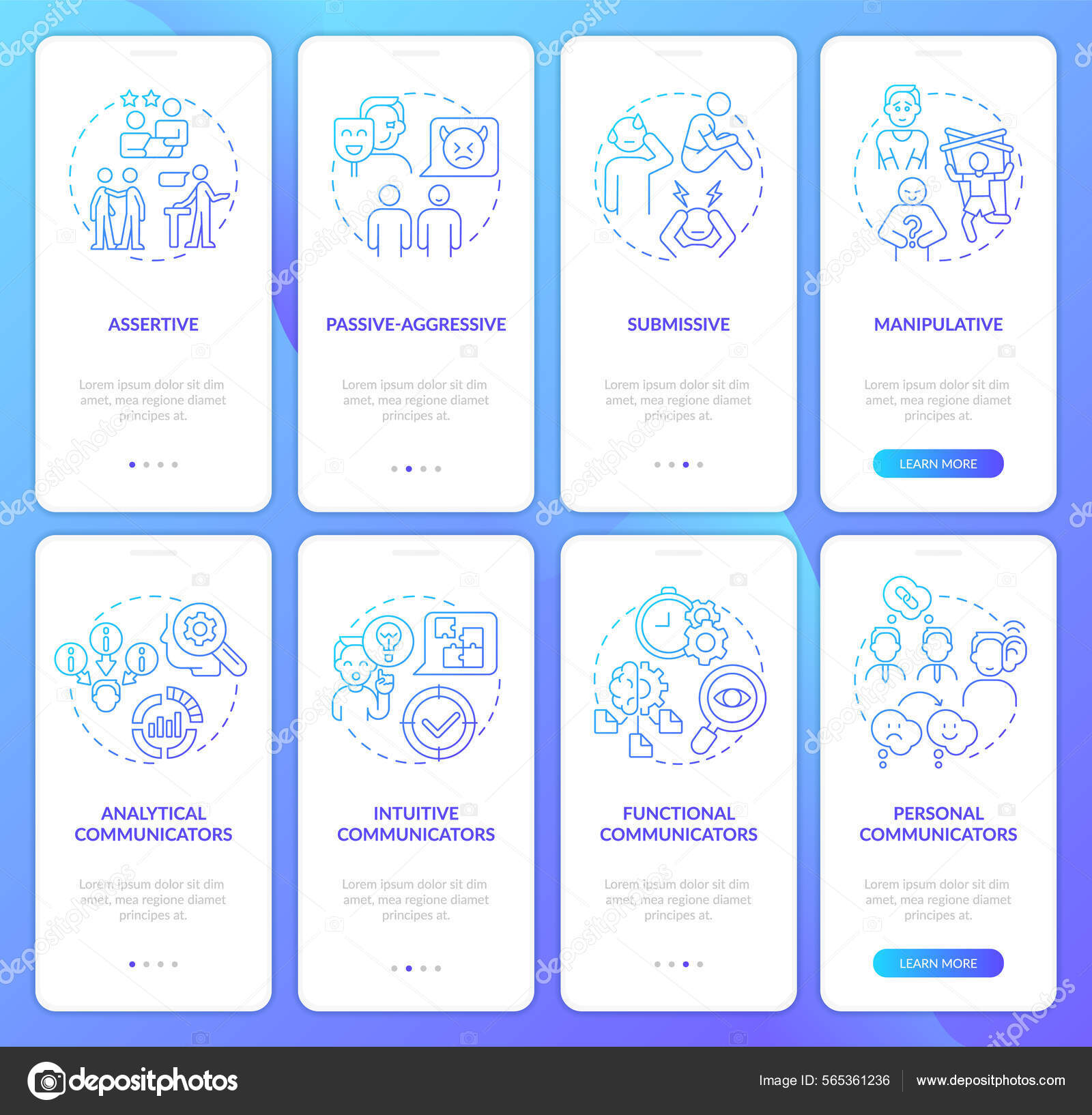 Different communication styles gradient onboarding mobile app screen ...