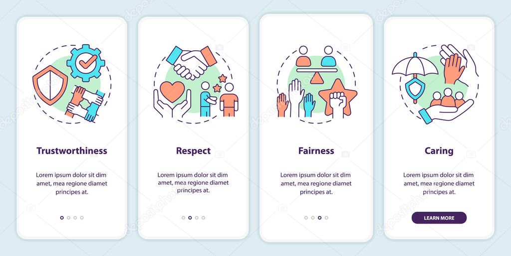 Types of business ethics onboarding mobile app screen. Respect, caring ...