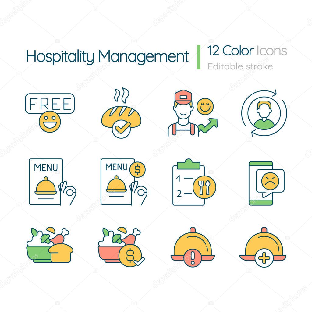 Gestión de la hospitalidad Conjunto de iconos de color RGB. Servicio en ...