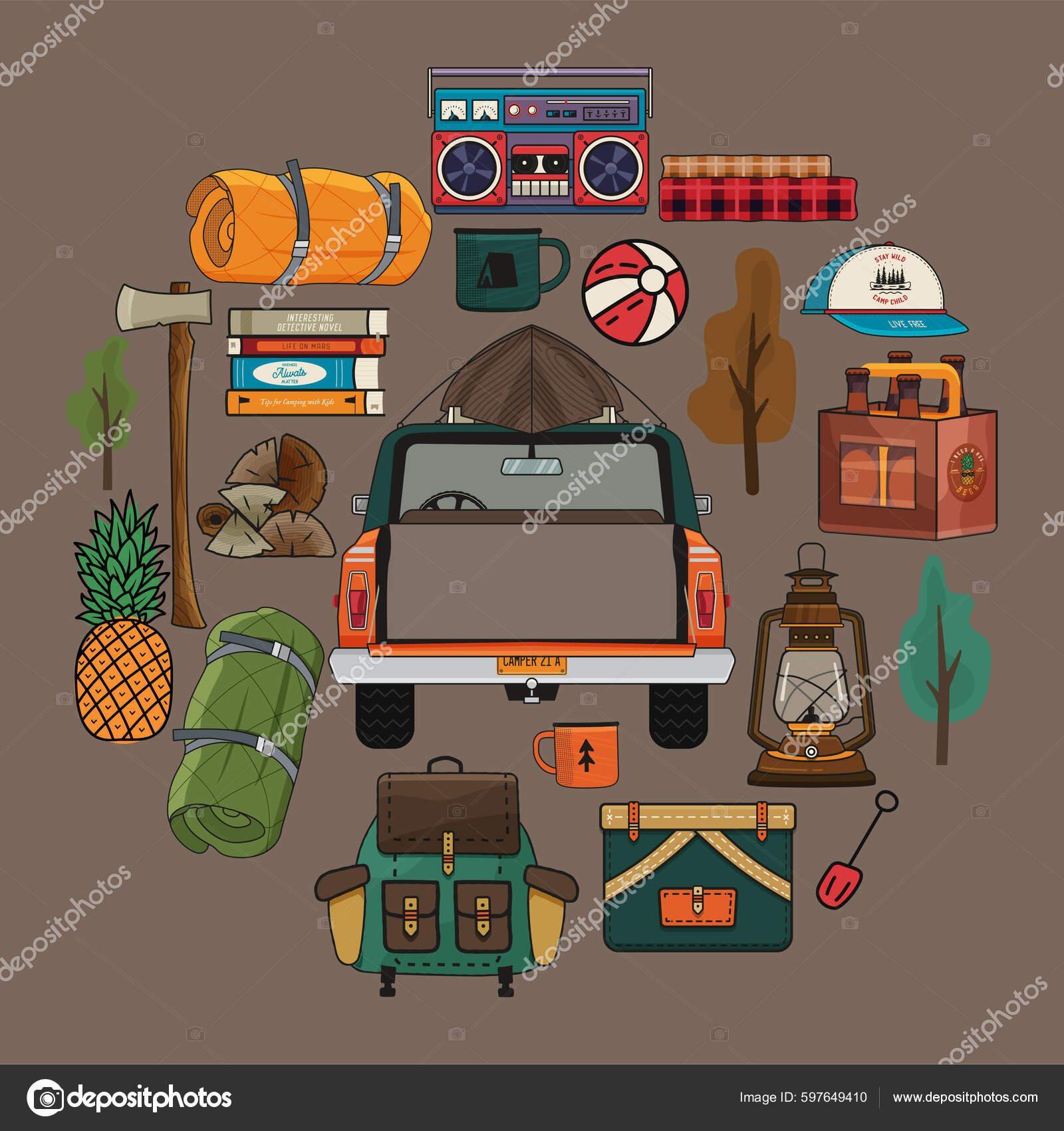 Camping Adventure Clipart Set Style Summer Hiking Outdoors Collection ...
