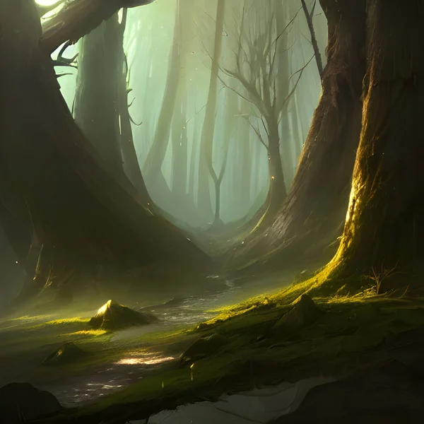 Mysterious foggy forest with gnarled trees. Creepy forest. Fantasy art ...