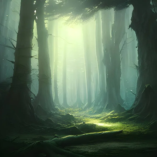 Mysterious forest with large spooky trees. - Stock Image - Everypixel