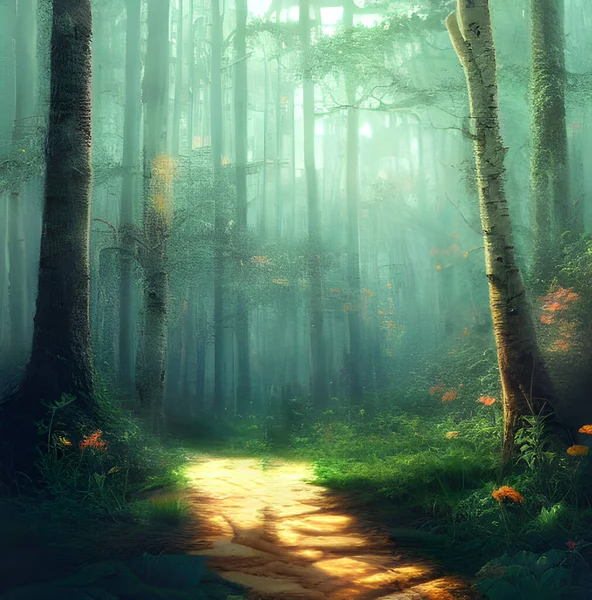 Pathway through a fantasy forest with rays of sunlight shining down ...