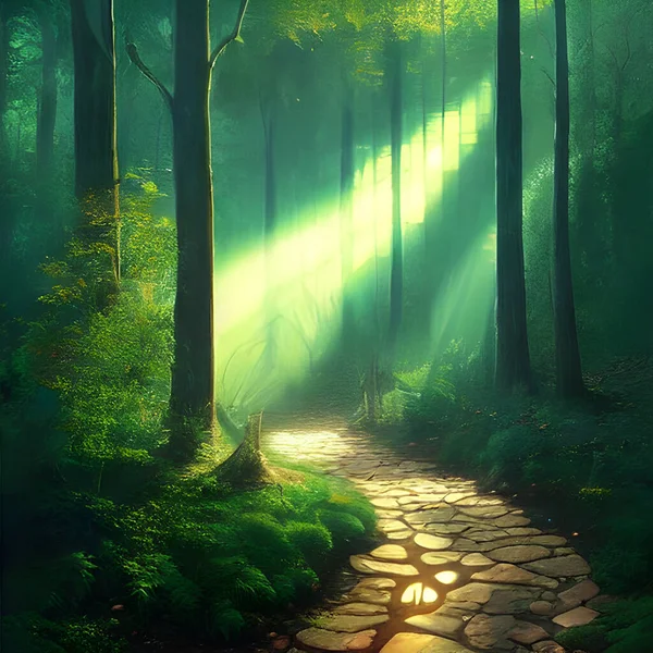 Pathway through a fantasy forest with rays of sunlight shining down ...
