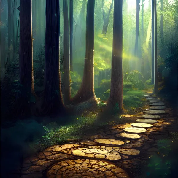 Pathway through a fantasy forest with rays of sunlight shining down ...