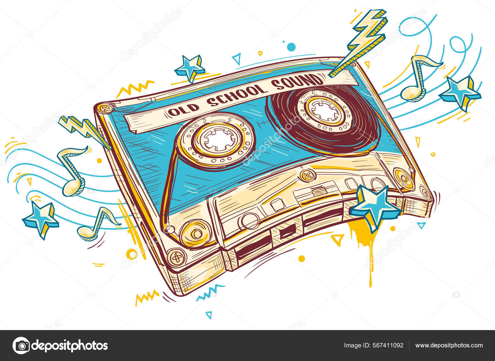 Old School Sound Drawn Colorful Music Audio Cassette Design Stock ...