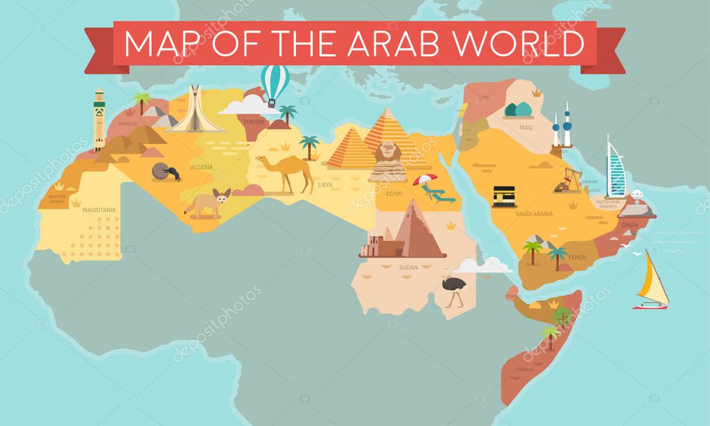 Mundo Árabe mapa con nombres de país. Lugares de interés turístico y de viaje, ilustración ...