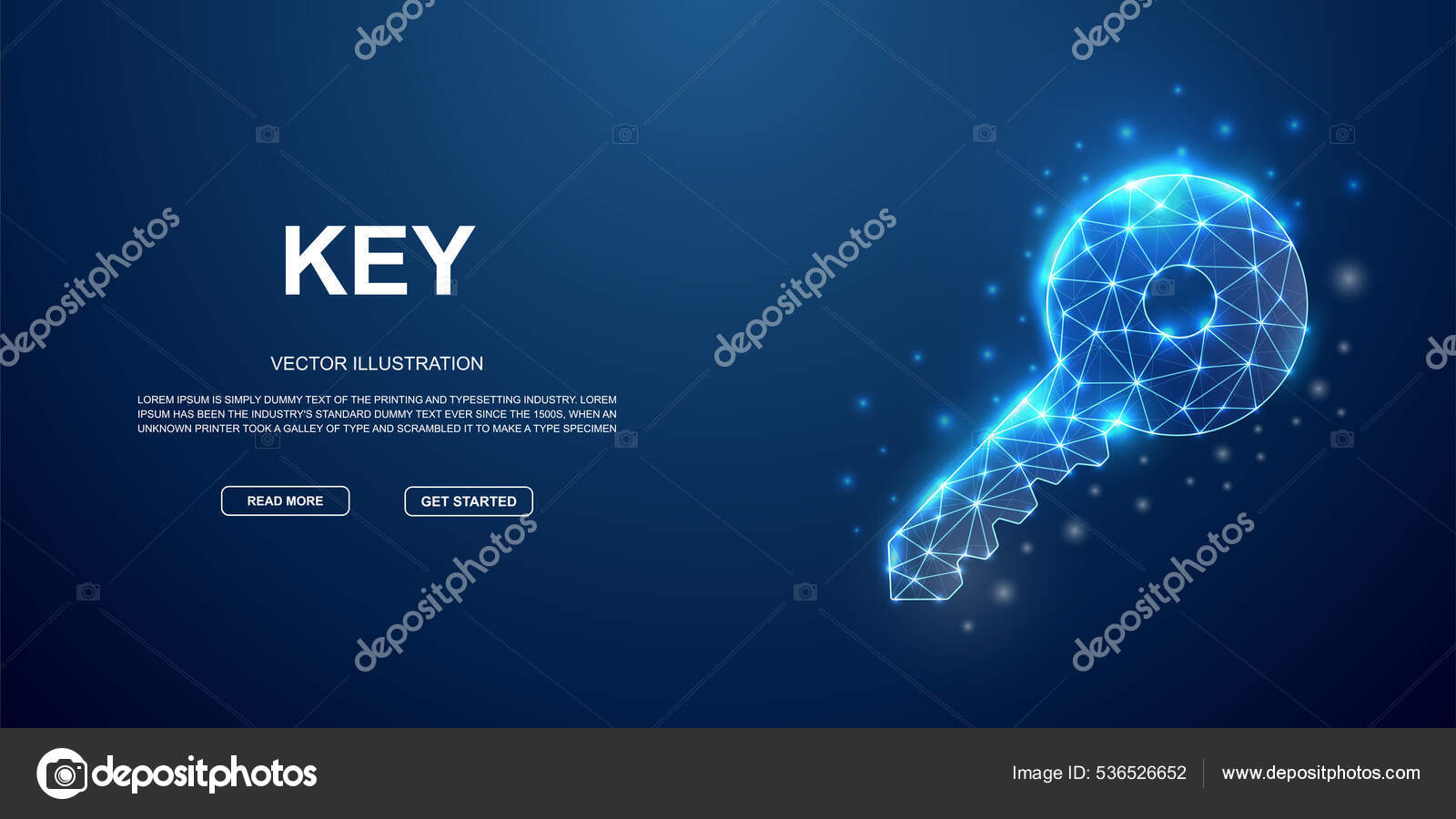3d Key low poly symbol with connected dots for blue landing page template. Security design ...