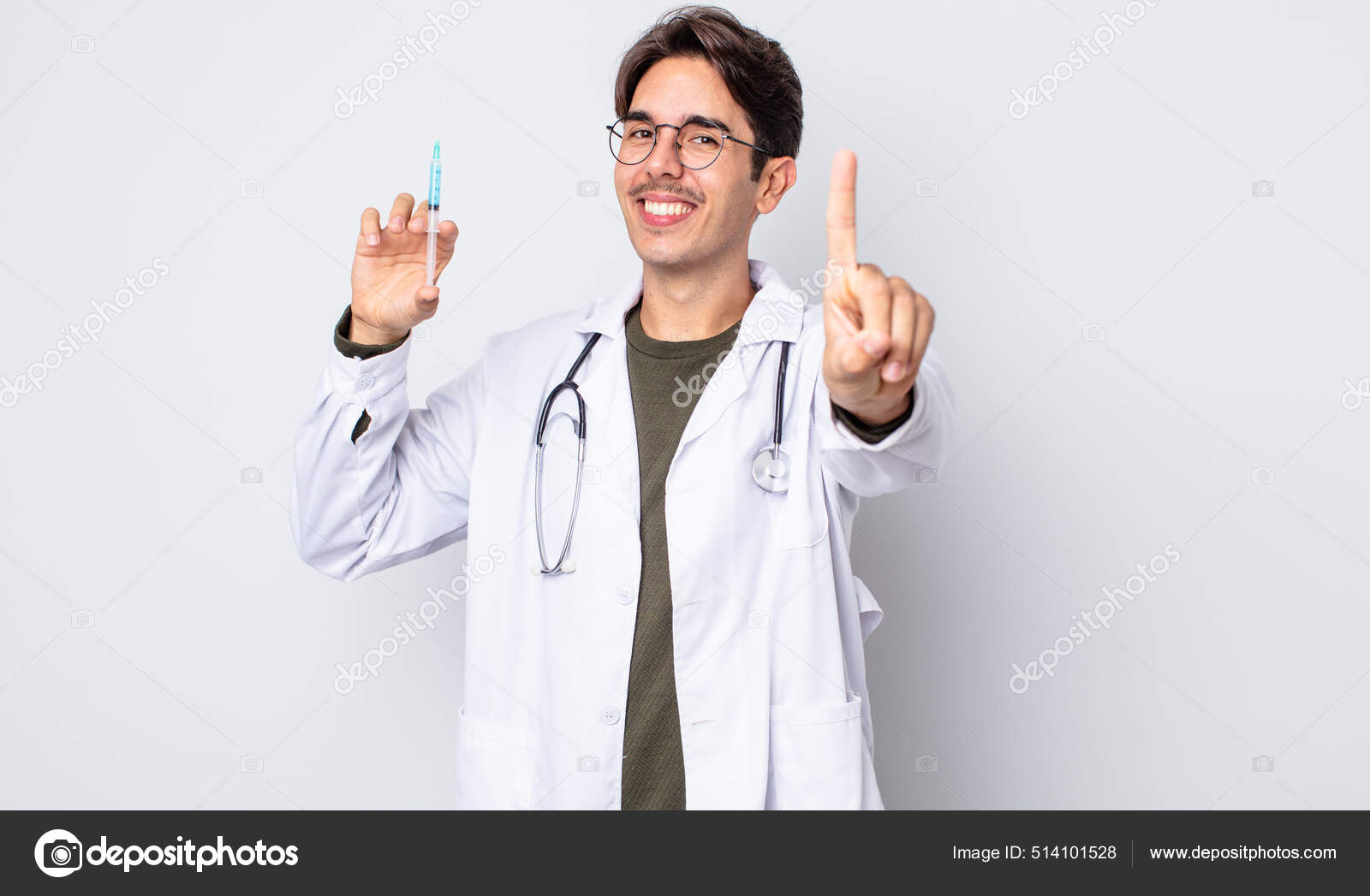 Young Hispanic Man Smiling Proudly Confidently Making Number One Doctor ...