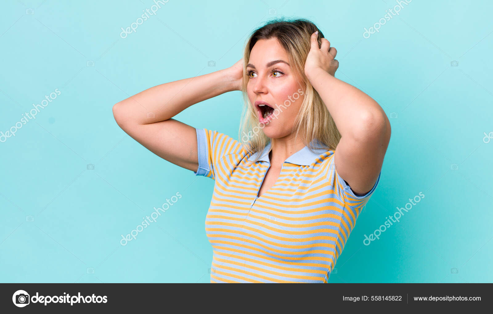 Pretty Blonde Woman Open Mouth Looking Horrified Shocked Because Terrible — Stock Photo © kues ...