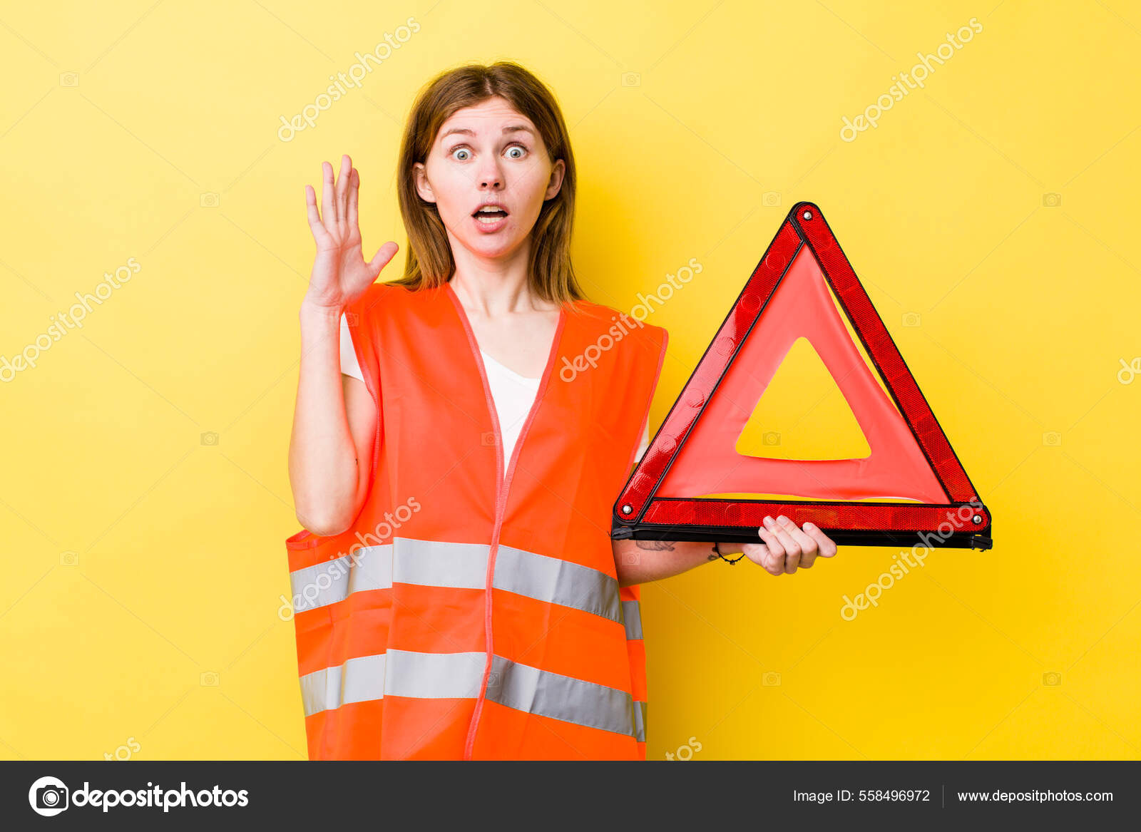 Red Head Pretty Woman Screaming Hands Air Car Triangre Danger — Stock ...