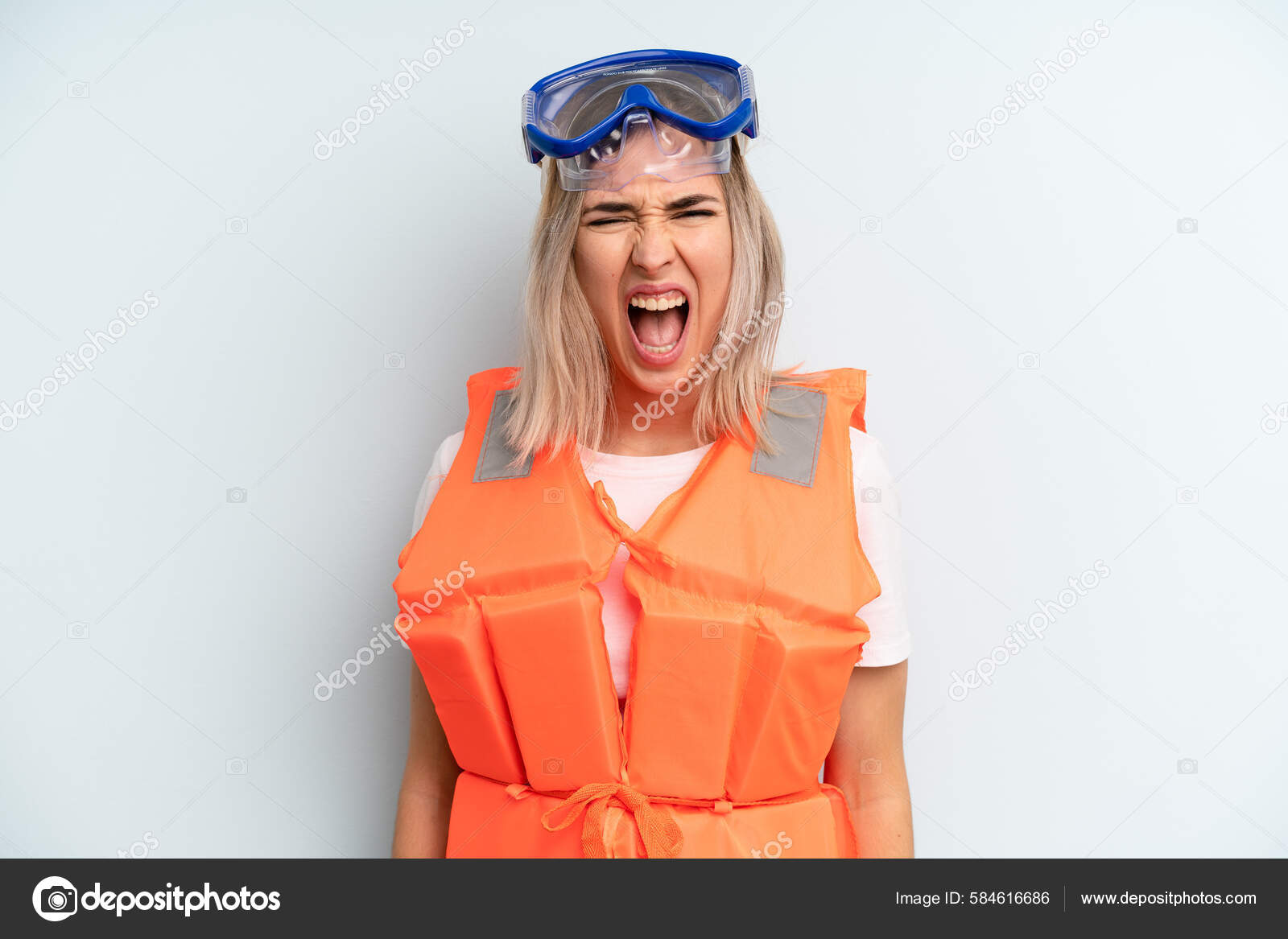Blonde Woman Shouting Aggressively Looking Very Angry Life Jacket ...