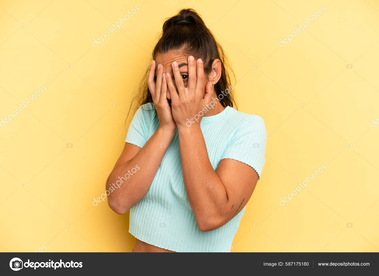 Hispanic Pretty Woman Feeling Scared Embarrassed Peeking Spying Eyes ...