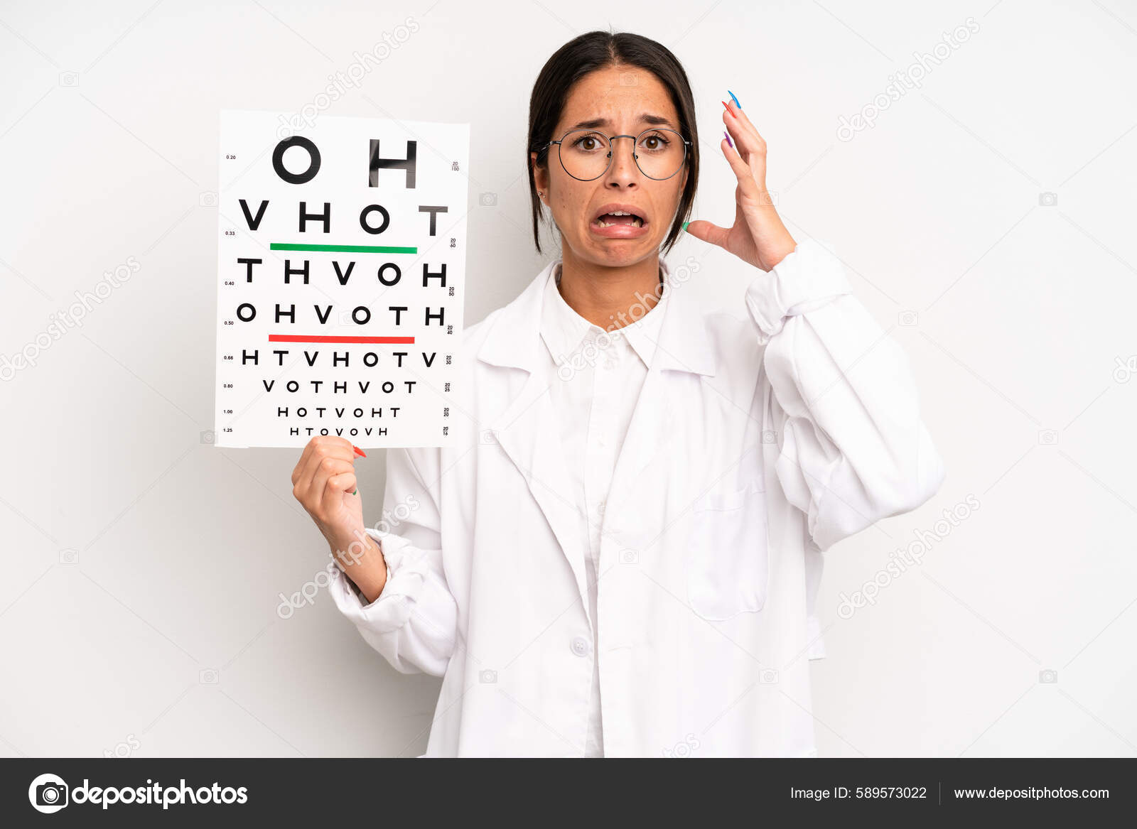 Hispanic Pretty Woman Screaming Hands Air Optical Vision Test Concept ...