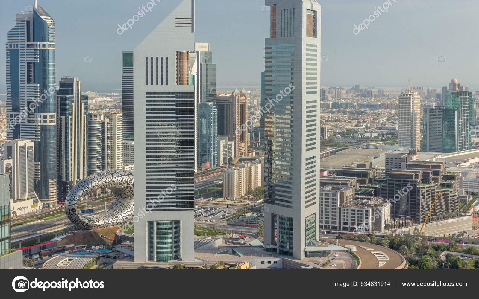 View Emirates Towers Sheikh Zayed Road Aerial Timelapse Skyscrapers ...