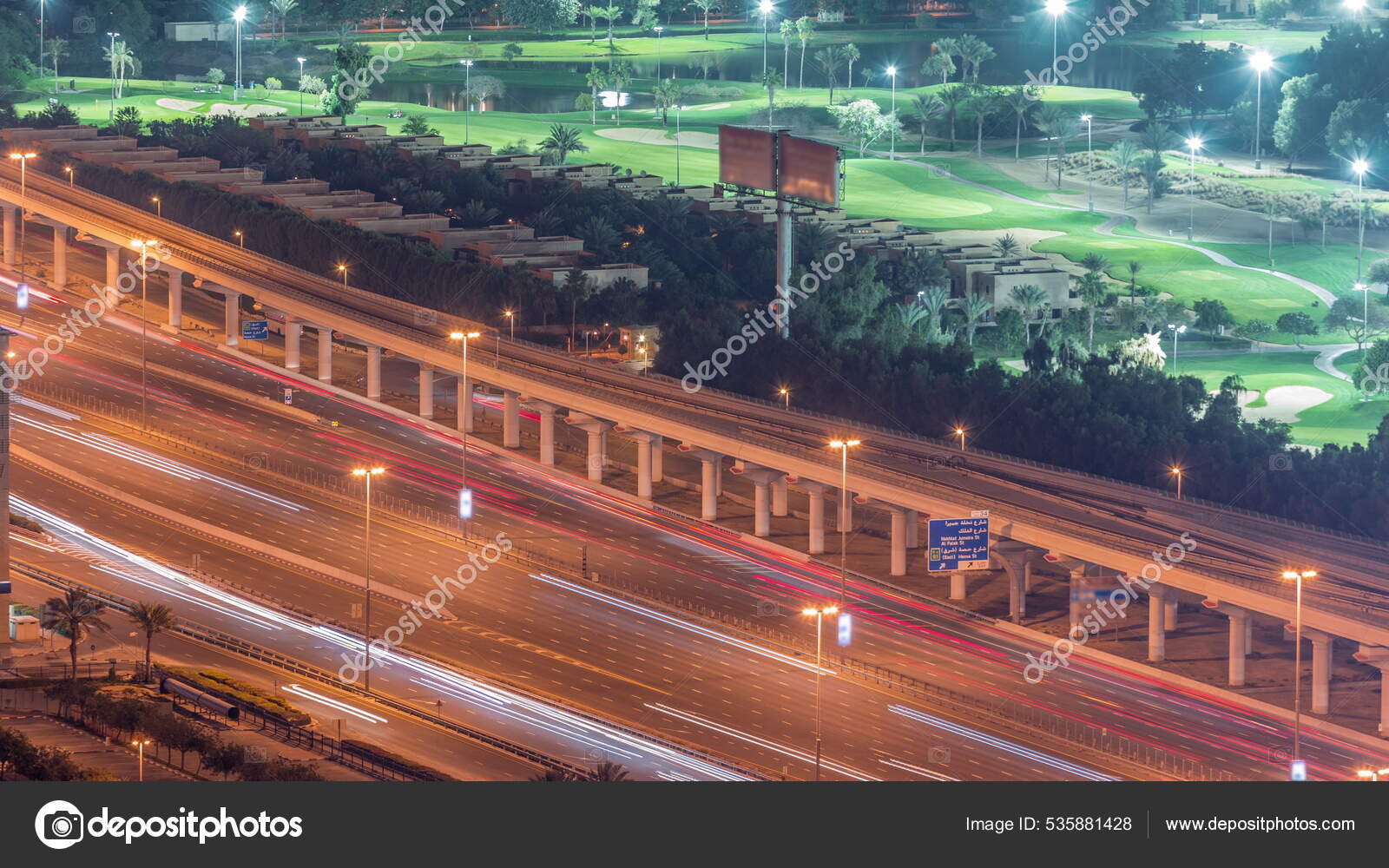 Aerial View Illuminated Golf Course Green Lawn Lakes Villa Houses Stock ...