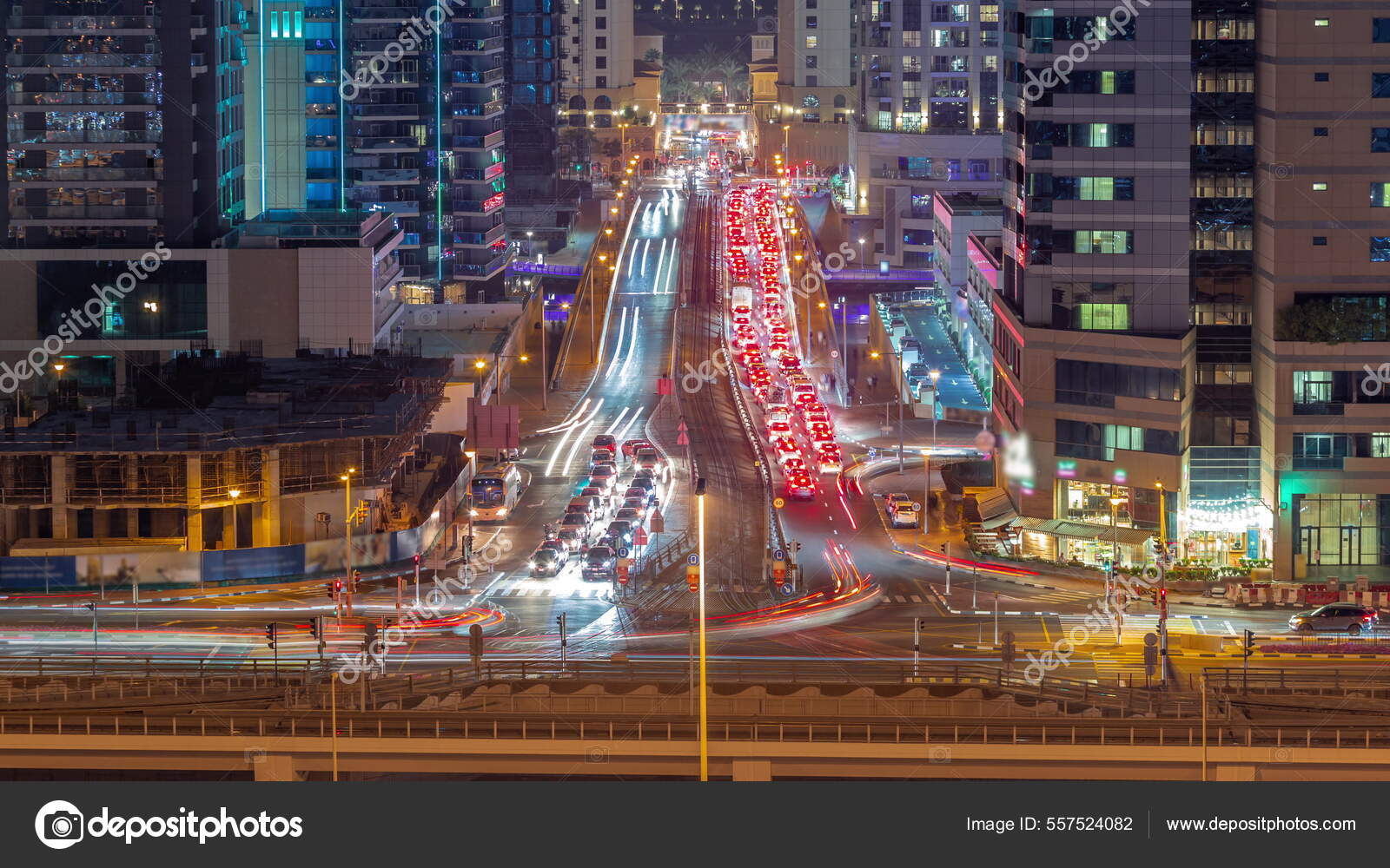 Aerial View Heavy Traffic Bridge Road Intersection Jbr Street Night ...
