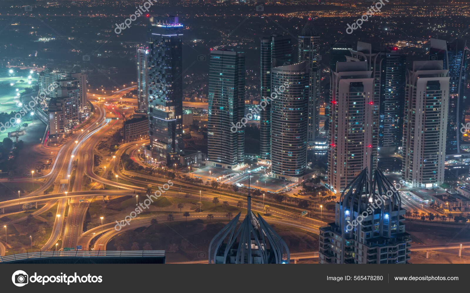 Jlt Dubai Marina Skyscrapers Sheikh Zayed Road All Night Aerial — Stock ...
