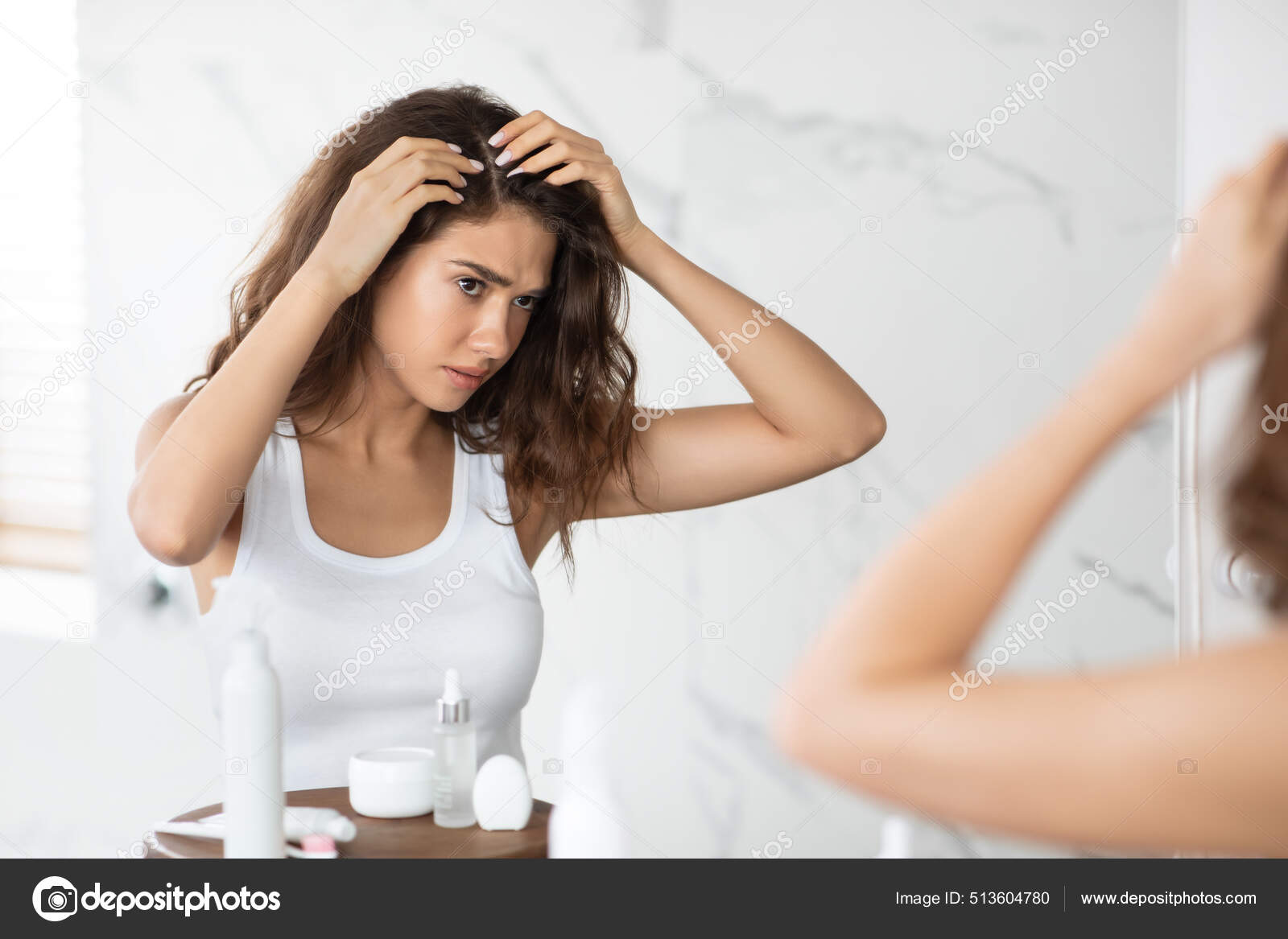 Frustrated Lady Searching Hair Flakes Suffering From Dandruff Problem ...