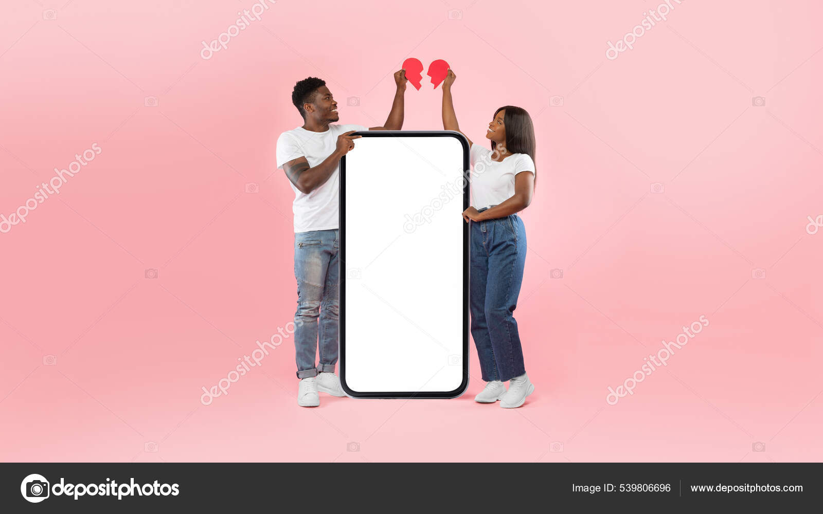 Black couple connecting two halves of broken heart, mockup screen Stock ...