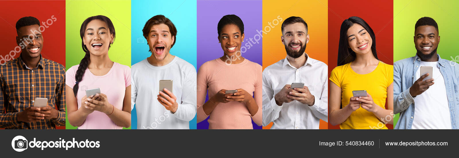 Digital Communication. Diverse millennial people using mobile phones on ...