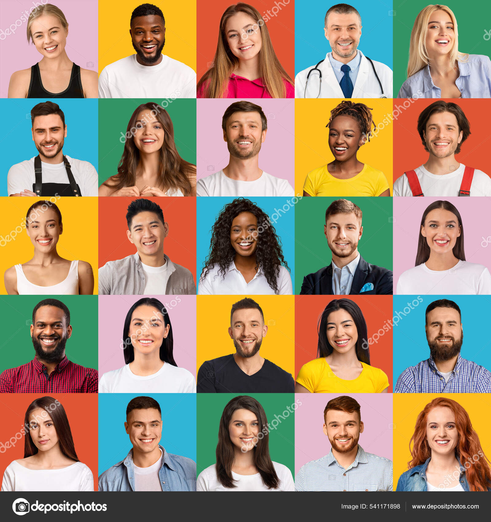 Colagem de múltiplos rostos humanos sorridentes sobre fundos brilhantes ...