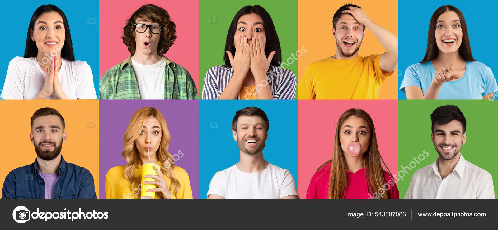 Human portraits set with diverse emotional men and women on colorful ...