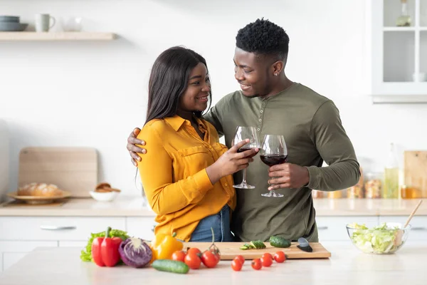 Couples Lifestyle. Romantic Black Man And Woman Cooking Food In Kitchen ...