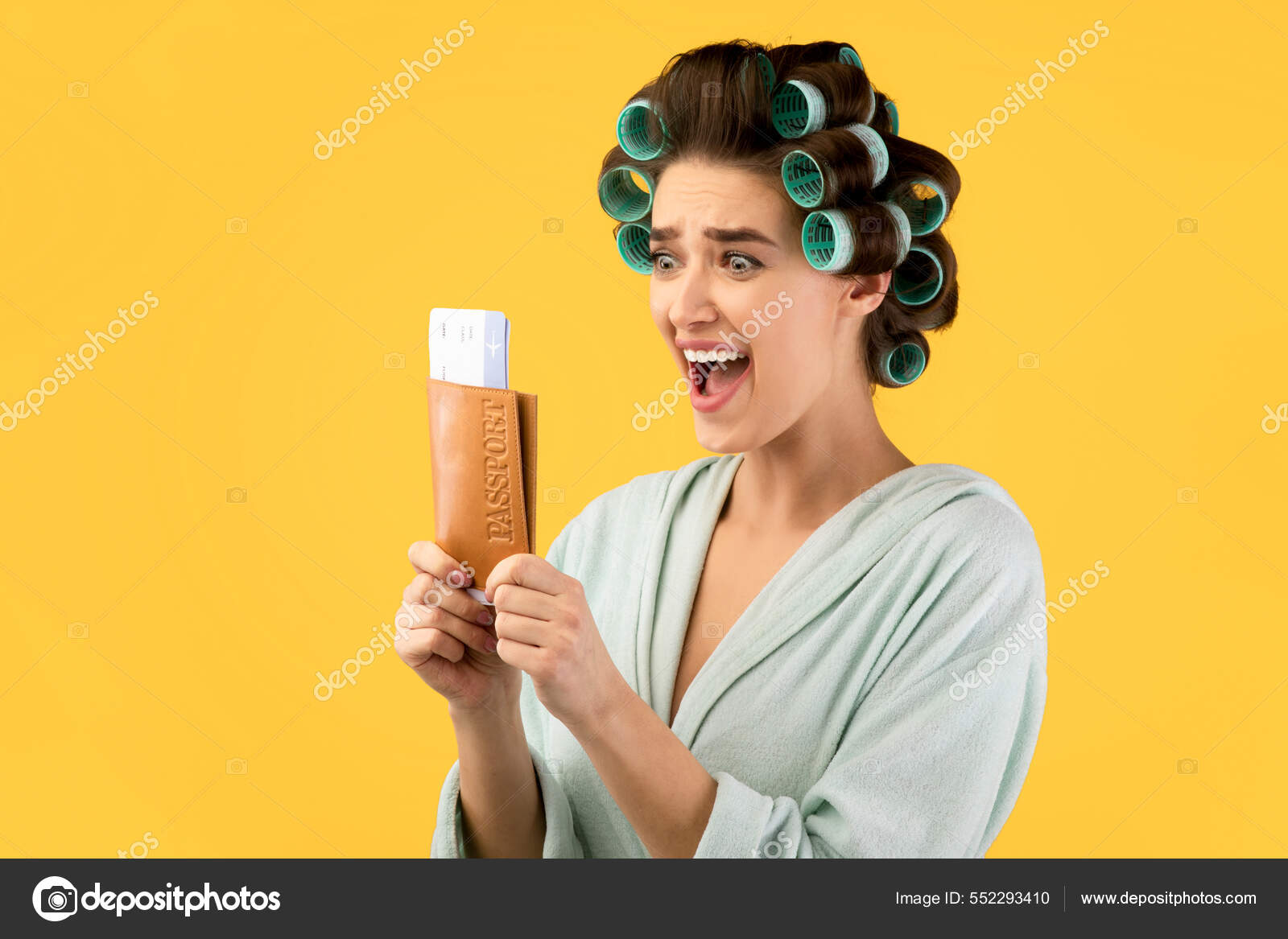 Glamorous Lady Shouting Holding Boarding Pass And Passport, Yellow ...