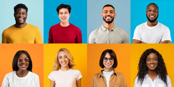 Happy Faces. Set Of Smiling Multicultural People Posing Over Bright ...