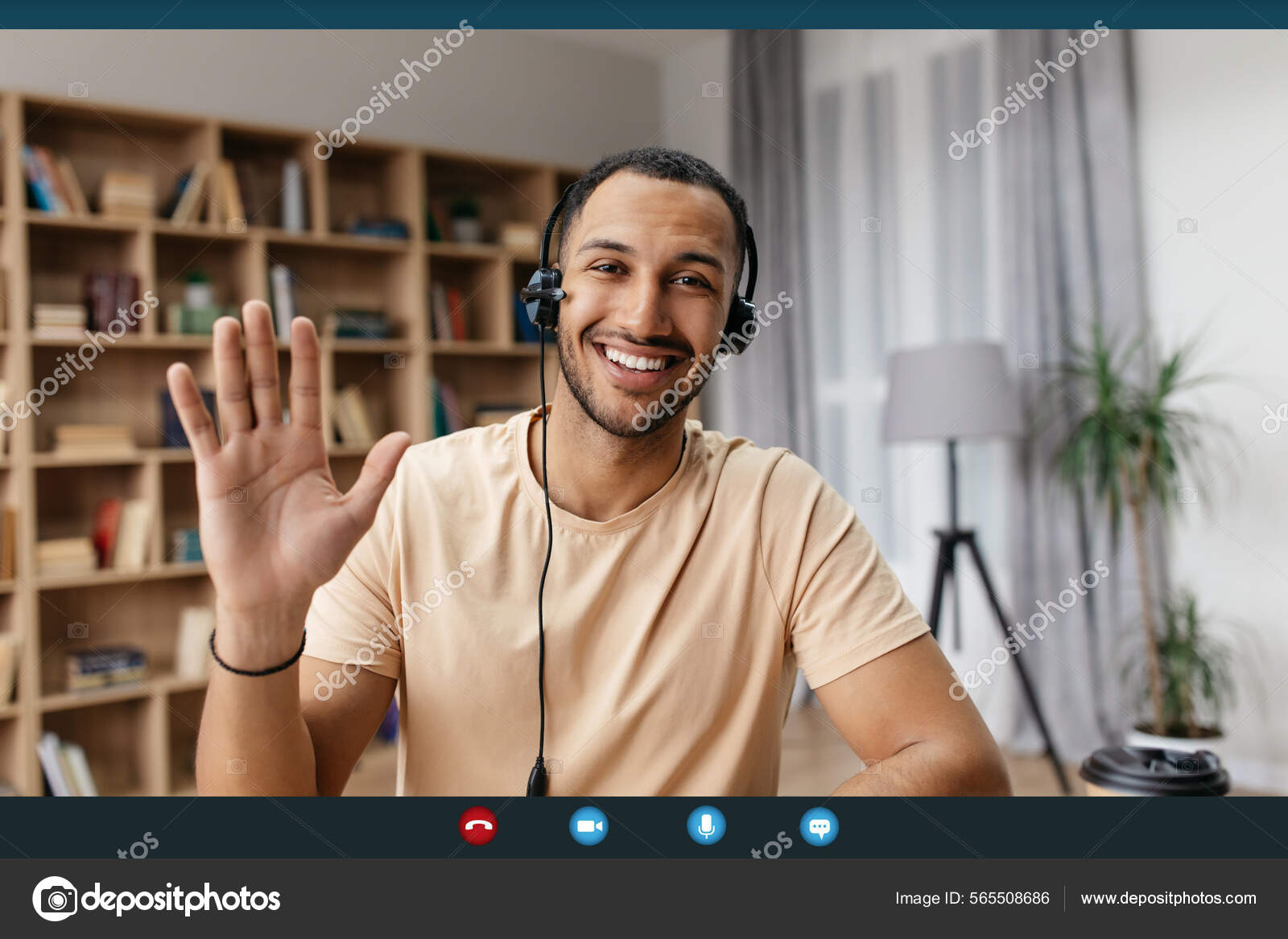 Videocall screenshot of cheerful arab man in headset having web ... Videocall screenshot of cheerful arab man in headset having web ...