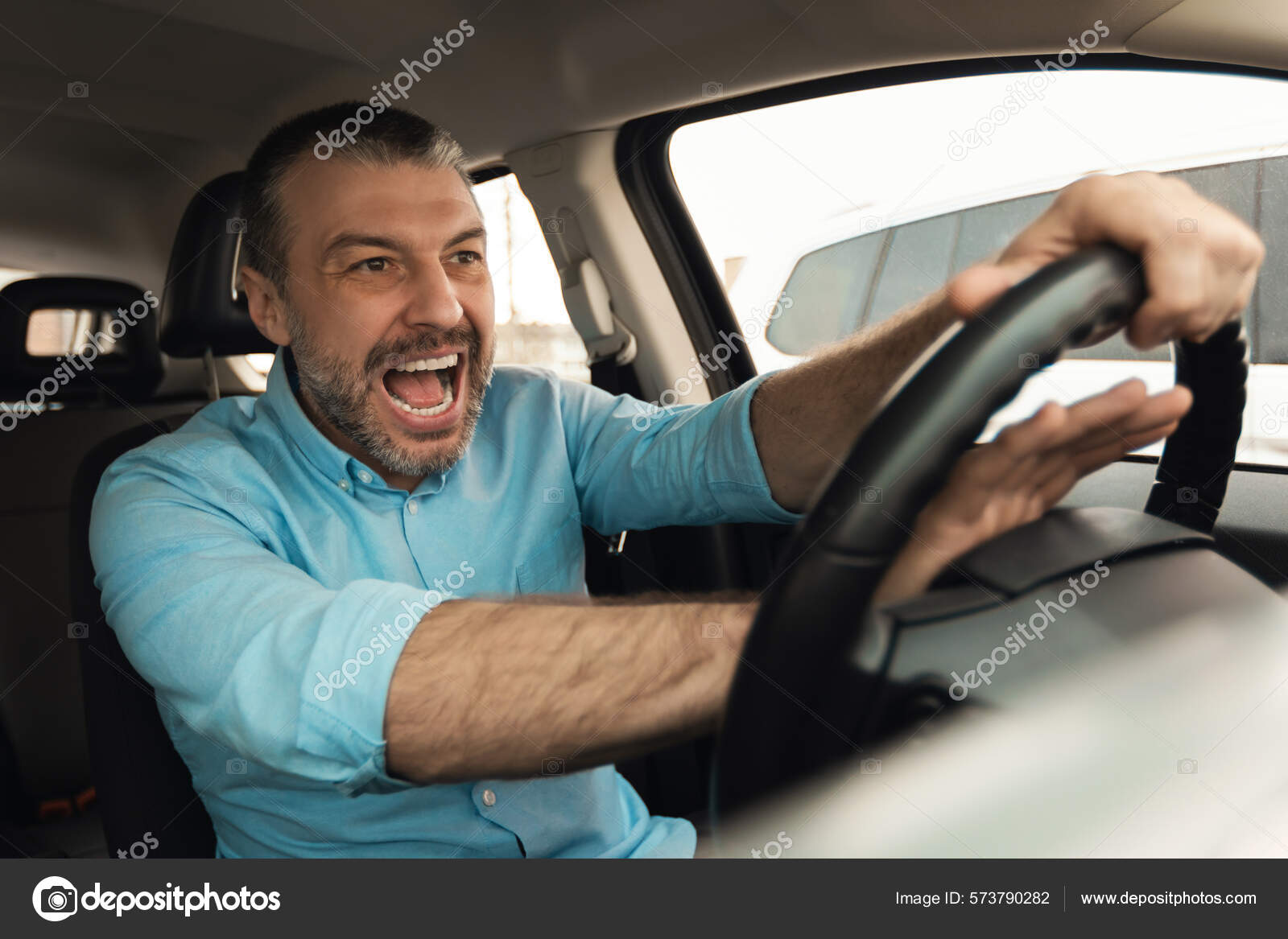 Angry Male Driving Car Shouting Somebody Emotionally Reacting Accident ...
