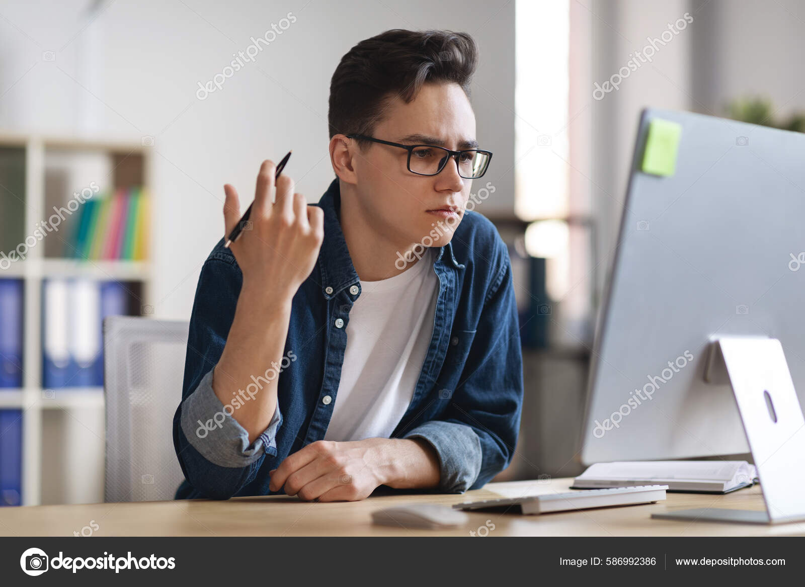Portrait Confused Male Office Employee Sitting Workplace Looking ...