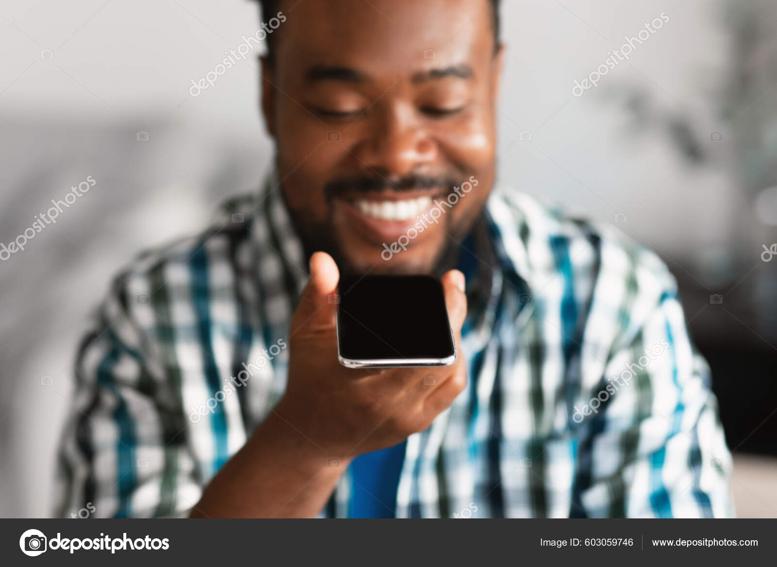 Happy Black Man Using Voice Assistant Application Mobile Phone Sitting ...