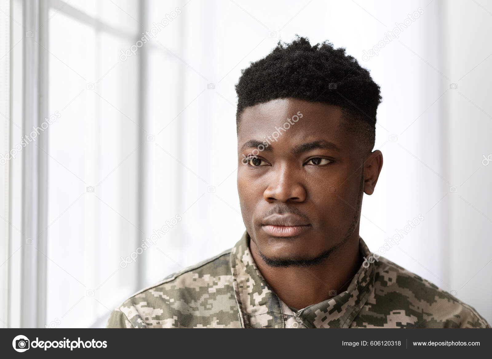 Serious Short Haired Young African American Man Military Uniform ...