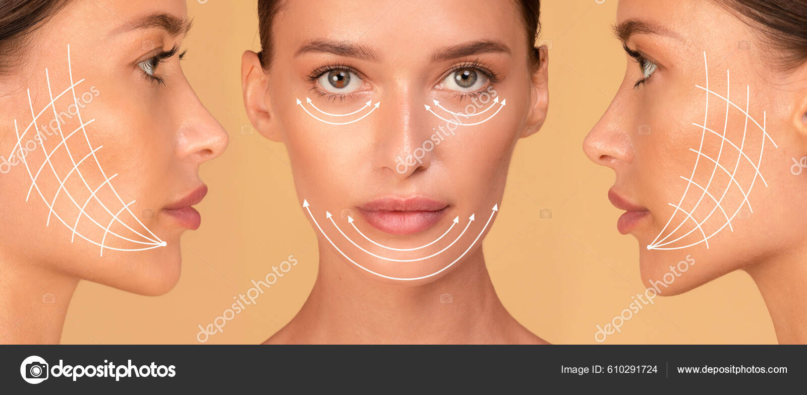 Cosmetology Concept Collage Front Side View Portrait Caucasian Young ...